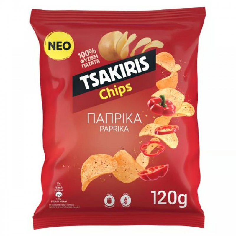 TSAKIRIS Chips πατατάκια με γεύση Paprika 120gr - 24hr.gr το delivery super market της Θεσσαλονίκης